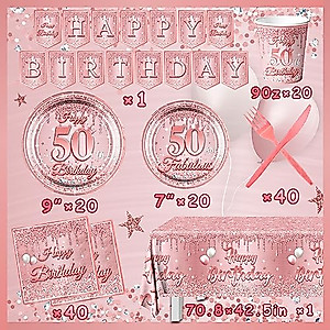 50th Birthday Rose Gold Supplies,142pcs Glitter Pink Rose Gold Tableware Include 50th Birthday Plates and Napkins Cups,Rose Gold Tablecloth Happy Birthday Banner for Women Happy 30th Birthday