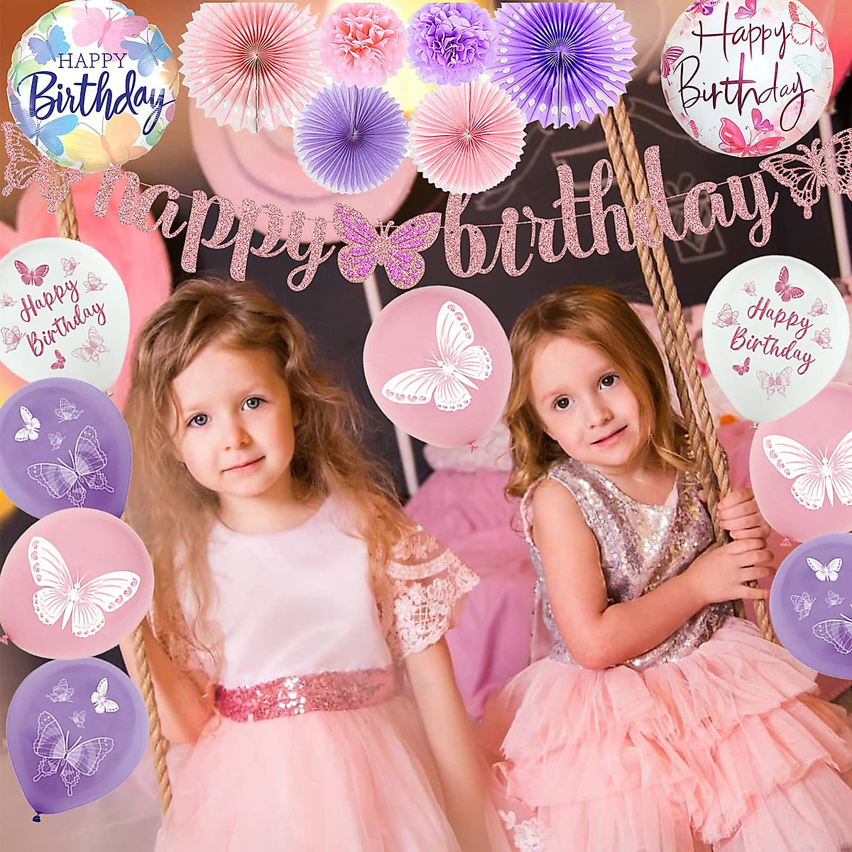 Butterfly Birthday Party Decorations Supplies, Pink & Purple Butterfly Birthday Decorations Include Paper Fans Foil Balloons Happy Birthday Banner Tattoos Wall Stickers Cake Toppers
