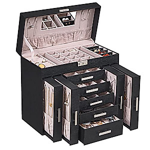 ANWBROAD Huge Jewelry Box Jewelry Organizer Case 6 Tier 40 Hooks Display Storage Holder with Lock Mirror Girls Jewelry Box Earrings Rings Necklaces Bracelets Earrings Gift Faux Leather Black UJJB018B