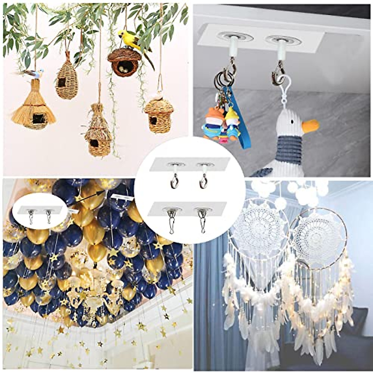 Adhesive Ceiling Hooks,Damage Free Ceiling Mounted Hooks Transparent Wall Sticky Hooks Safety Buckle Design for Hanging Wind Chime Lights Decorations Paper Craft 6 Pack (Set A)