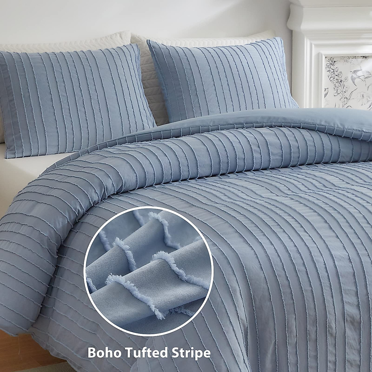 WARMDERN Blue Boho Duvet Cover King Size, Striped Textured Duvet Cover Set Tufted Bedding Set, 3 Pcs Ultra Soft Washed Microfiber Duvet Cover with Zipper Closure (King, Blue)