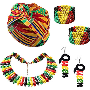 Yinkin Women's 5 Pcs African Jewelry Set: 1pcs Kente Print Headwrap, 1pair Earrings, 2pcs Beaded Bracelets (Stretch), 1pcs Necklace (Rustic, Multicolor)