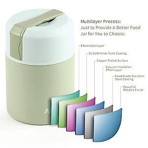 Alxeme Insulated Food Jar Vacuum Insulated Lunch Container Wide Mouth Bento Box with Leak Proof Cap 27OZ Stainless Steel Hot Food Meal Carrier with Spoon & Handle for Kids/Adult Food Flask - Matcha