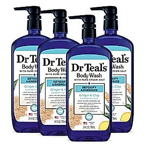 Dr Teal's Body Wash With Pure Epsom Salt, Detoxify & Energize With Ginger & Clay, 24 fl oz (Pack of 4) (Packaging May Vary)