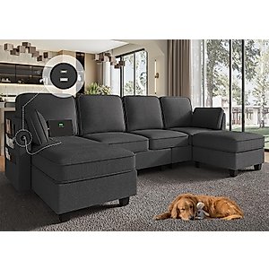Brinlawb 113'' Sectional Couches with Storage Seats and USB Ports U Shaped Convertible Sofa Couch with Reversible Chaise Chenille Modular Sectional Sofa Couches with Ottomans for Living Room,Grey