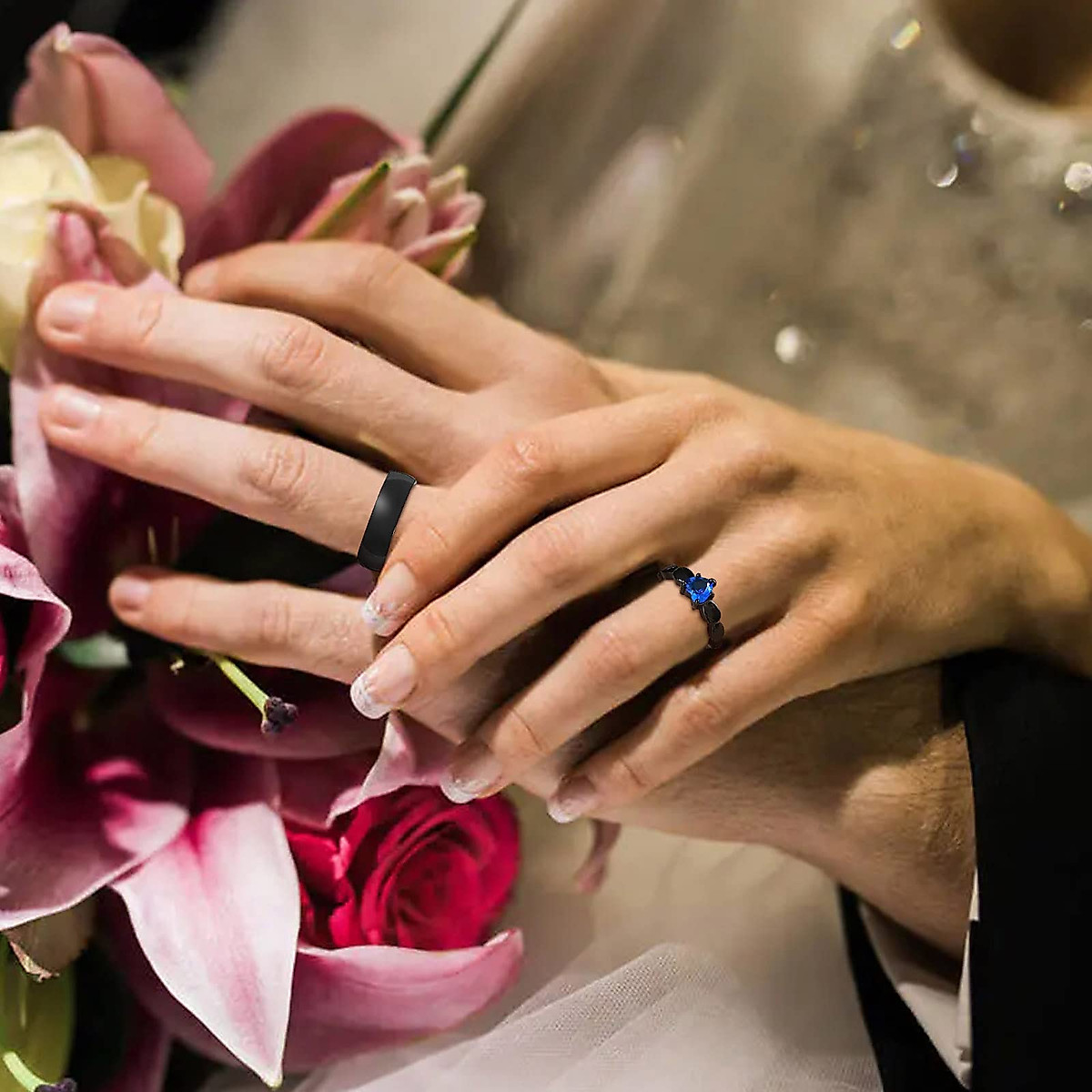 TempBeau Personalized Promise Rings for Couple - Custom ID Cubic Zirconia Heart Wedding Ring, His and Her Stainless Steel Matching Ring Set, Engagement Valentine's Day Gifts for Women Men