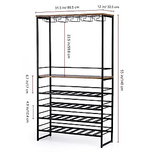 6-Tier Industrial Freestanding Wine Rack with Glass Holder & Wine Storage, Wine Bakers Rack, Multi-Function Coffee Home Bar Furniture for Kitchen Dining Room,55" Tall Rustic Brown