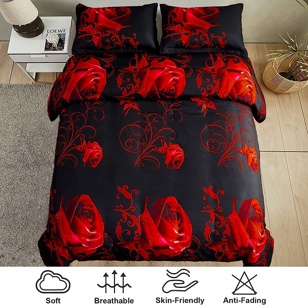 WONGS BEDDING Mother's Day Red Duvet Cover King, Reversible Red Rose Duvet Cover 3 Pieces with Zipper Closure-Ultra Soft Microfiber Bedding Set (1 Duvet Cover 90"x104"+2 Pillowcases)