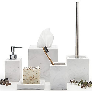 Kurrajong Farmhouse 5 Piece Bathroom Accessories Set | Faux Marble Bathroom Accessory Set | Faux Marble White Bathroom Set | Tissue Box, Toilet Brush, Soap Dish, Soap Dispenser, Toothbrush Holder