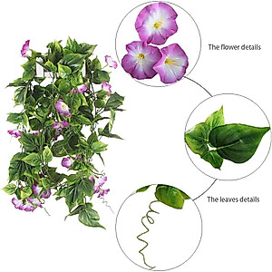 GTIDEA Artificial Vines, 2pcs 15Feet Morning Glory Hanging Plants Silk Garland Fake Green Plant Home Garden Wall Fence Stairway Outdoor Wedding Hanging Baskets Decor Purple
