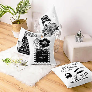 HSINYA Set of 4 18x18 Couch Bed Decorative Pillow Covers Black White Throw Pillow Covers Fashion Girls Bling Perfume Eyelashes High Heels Sayings Gray Flowers Cute Accent Pillow Covers (Black White)