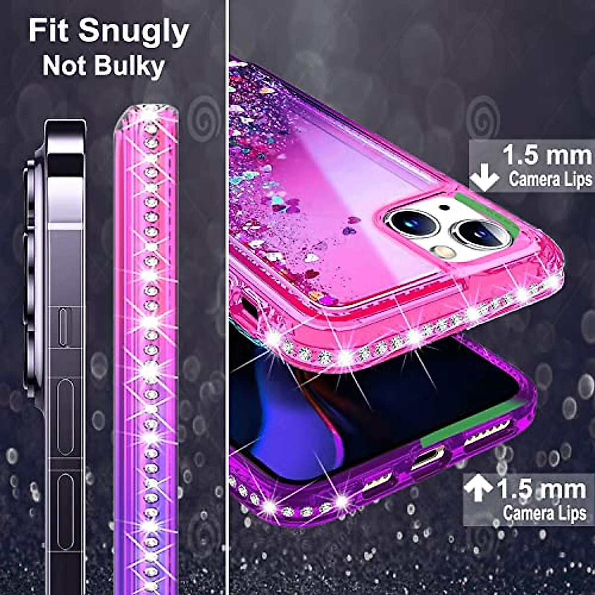 iPhone 13 Mini Case, [with Tempered Glass Screen Protector Included], STARSHOP Liquid Bling Sparkle Floating Glitter Quicksand Phone Case Girls Women Cute for iPhone 13 Mini - Pink/Purple