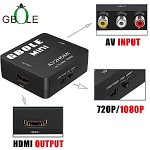 GBOLE RCA to HDMI AV to HDMI Converter 1080P Mini RCA Composite CVBS AV to HDMI Video Audio Converter Adapter Supporting PAL NTSC with USB Charge Cable for PC Laptop Xbox PS4 PS3 VHS VCR DVD TV STB