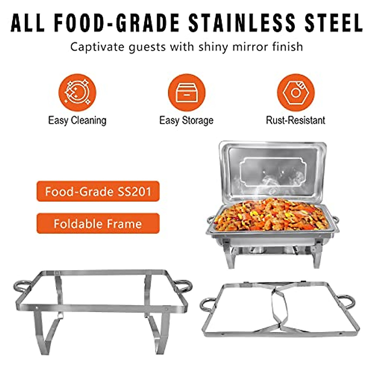 JSTUOKE Chafing Dish Buffet Set 1 Pack, 8QT Stainless Steel Chafer, Rectangle Catering Warmer Server w/Lid Water Pan Folding Stand Fuel Tray Holder Spoon Clip