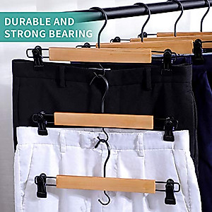 Perfecasa Premium Wooden Pants Hangers 10 Pack, Skirt Hangers with Two Sure Grip Clips, Noise Canceling Swivel Hook (Clear Natural)