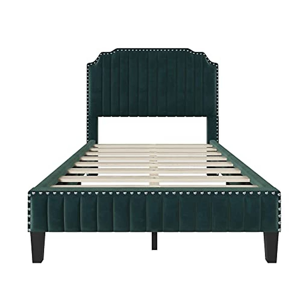 Livavege Full Size Bed Frame, Velvet Upholstered Full Platform Bed Frames with Curved Headboard, Mattress Foundation/Strong Wooden Slats Support/No Box Spring Needed/Easy Assembly, Green