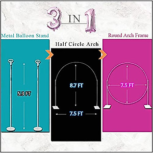 Decojoy Balloon Arch Stand, 7.5ft Large Round Backdrop Frame, Adjustable Half Circle Arch, 2 set Reusable Metal Ballon Column Kit with Base 3IN1 for Birthday, Wedding, Graduation, Baby Shower Party
