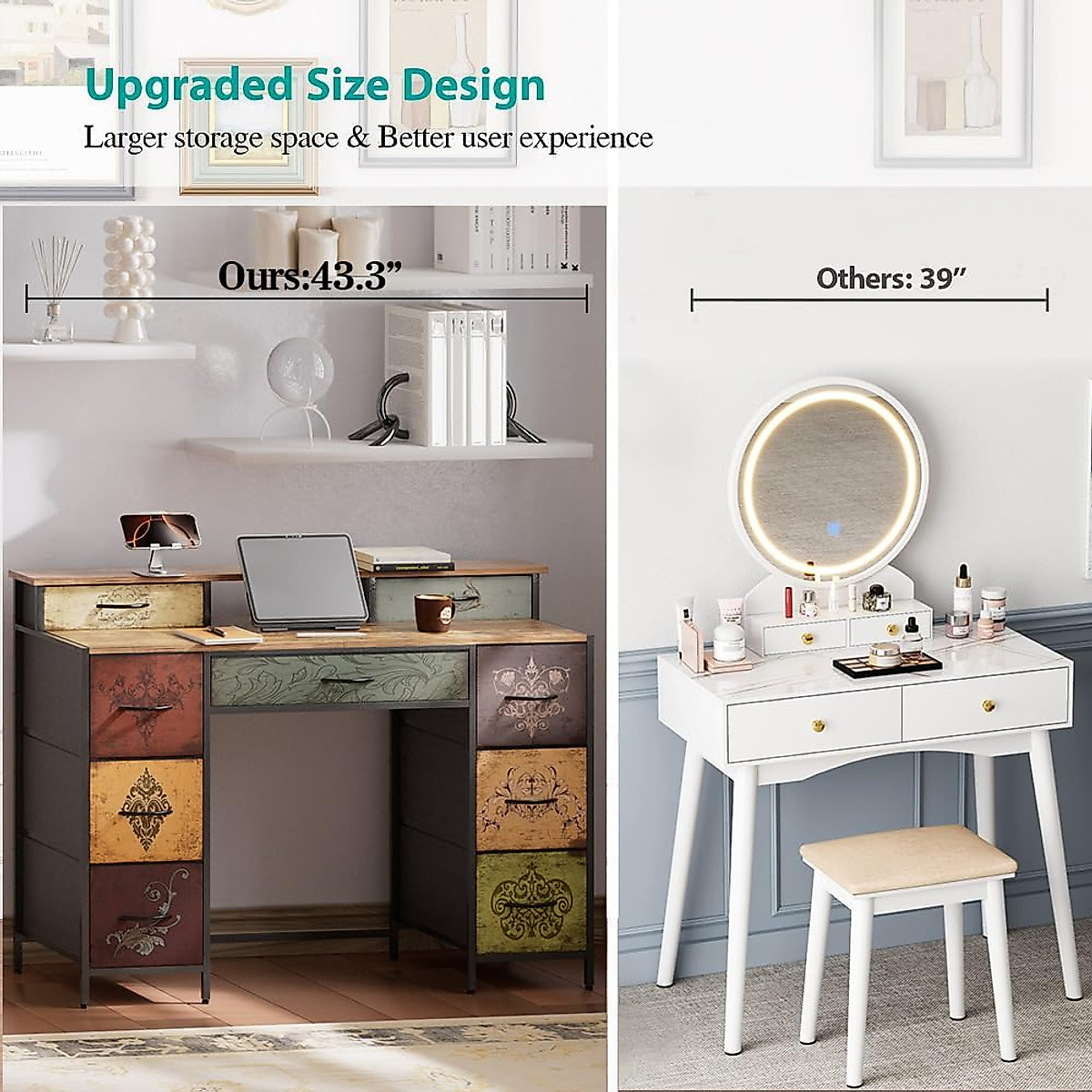 VASICAR Dresser for Bedroom with 9 Drawers & 2 Open Shelves, Fabric Storage Dresser, Chest of Drawers, Long Dresser for Closet, Wooden Top & Metal Frame, Pattern