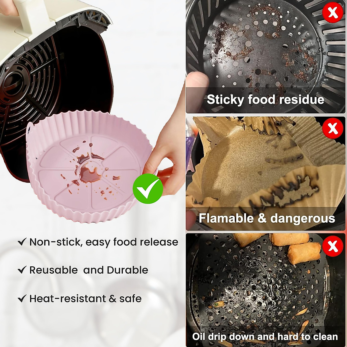 Mava Goods silicone air fryer basket liners, Reusable Air Fryer Silicone liners, pink airfryer silicone Basket Inserts for 3QT-5QT,Reusable Baking Tray Oven Accessories, 2 pack pink