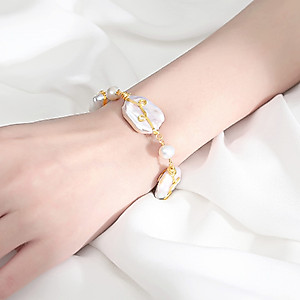 Red Lychee Baroque Pearl Bracelet for Women Bohemia Freshwater Cultured Baroque Pearl Gold Filled Stretch Bracelet Gift for Mother Girls