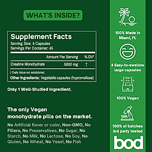 Goba Tea BOD Creatine Monohydrate Pills for Muscle Support, Vegan Pre or Post-Workout Creatine Capsules for Women and Men, 5g Micronized & Instantized Creatine per Serving, 45 Servings, 180 Capsules