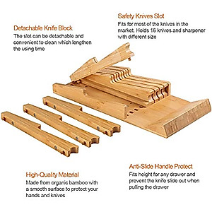 Bamboo In-Drawer Knife Block for 16 Knives and 1 Sharpening Steel(No Knife Included), Large Detachable Washable Kitchen Knife set, Drawer Knife Set Storage, Knife Organizer and Holder