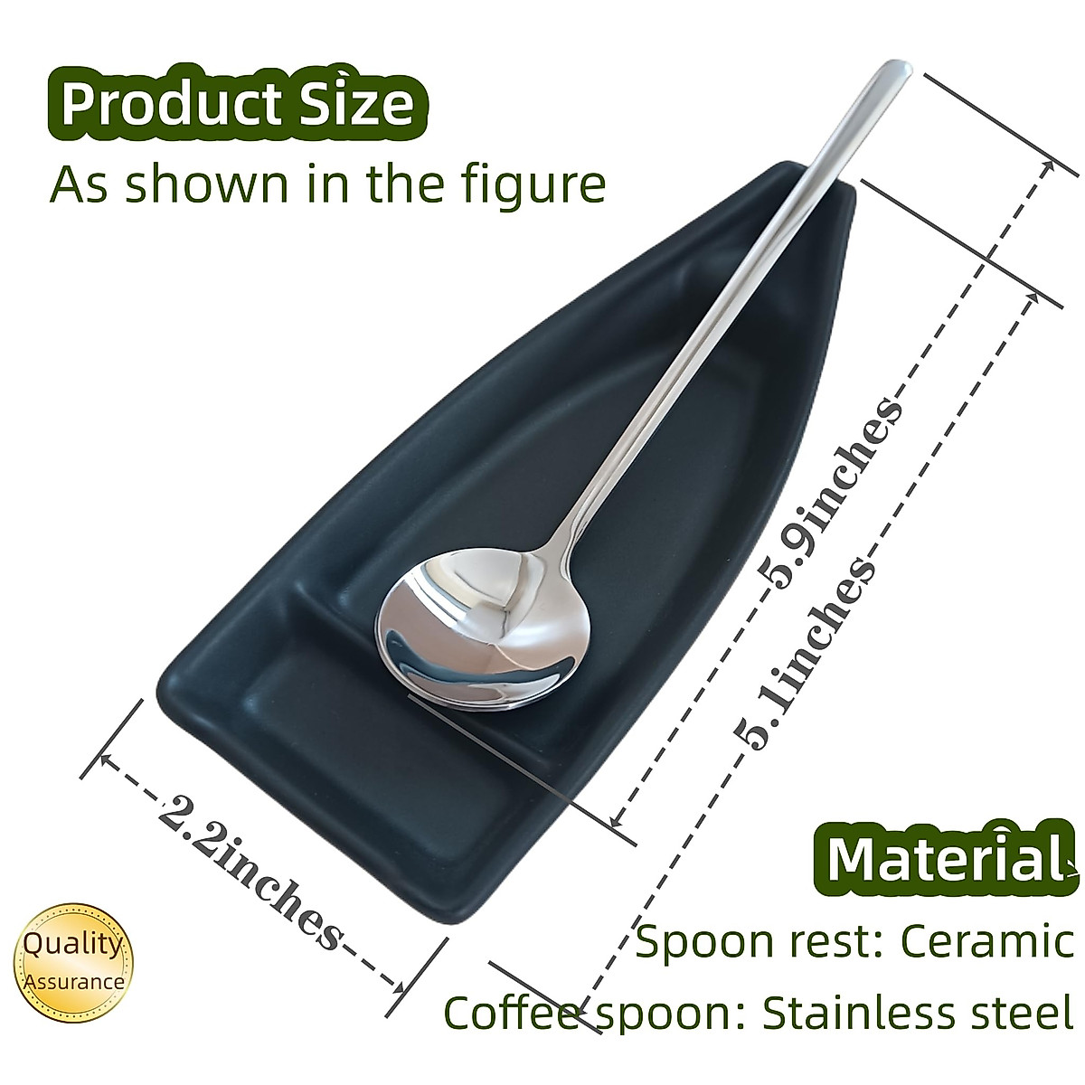 Coffee Spoon and Rest for Coffee Bar, Boat Small Spoon Rest for Coffee Station, Coffee Spoon Holder for Coffee Bar, Tea Spoon Rest Teaspoon Rest with Spoon (Matte Black + Round Spoon)