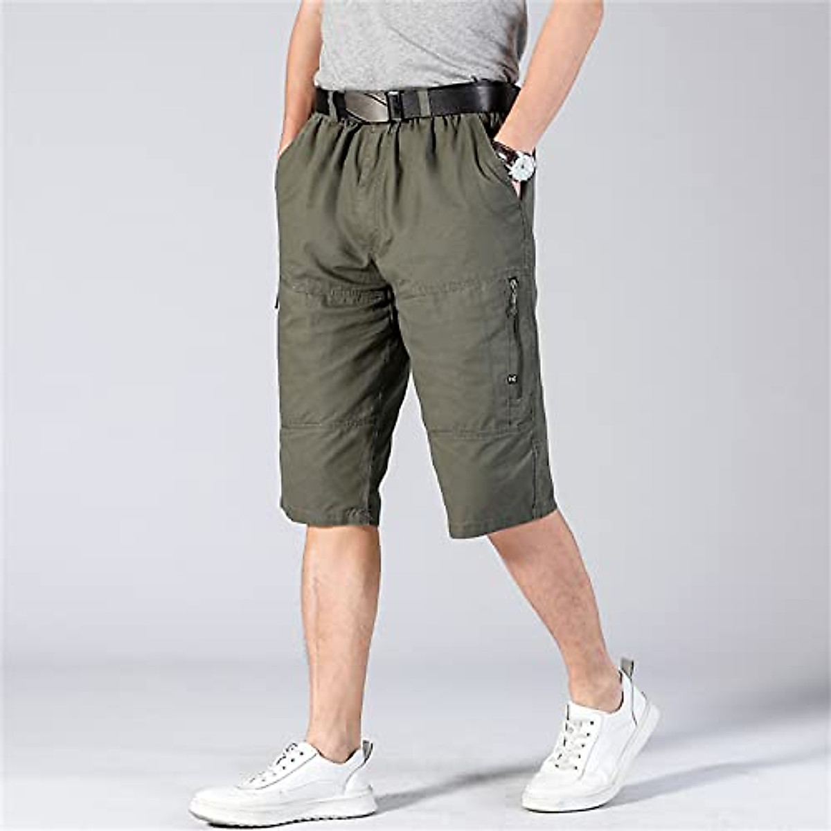 Men's Outdoor Zipper Pocket Cargo Shorts Elastic Waist Hiking Tactical Shorts Multi Pockets 3/4 Long Short Pants (ArmyGreen,4X-Large)