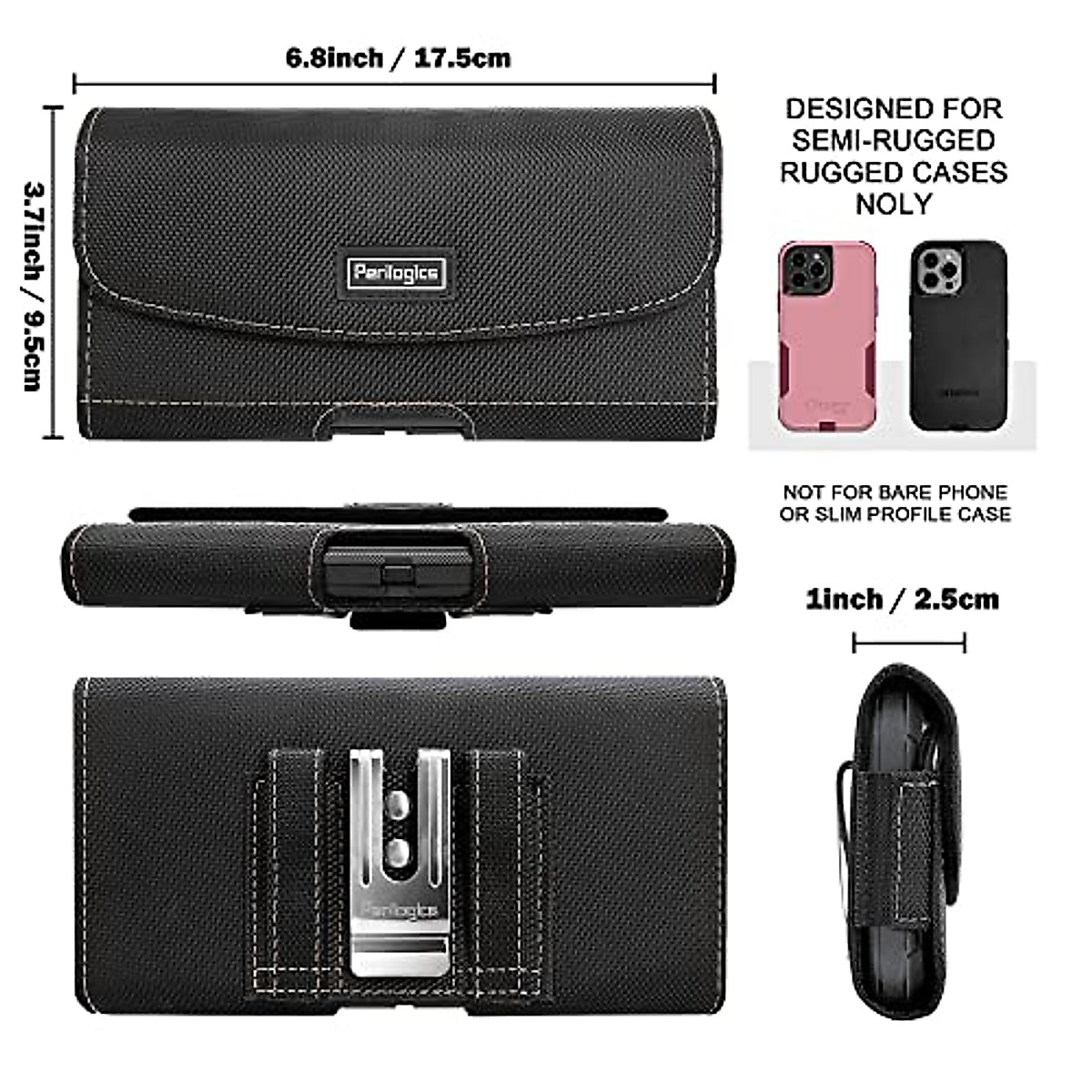 Nylon Belt Holster For iPhone 14 Plus, iPhone 14 Pro Max, 13 Pro Max, 12 Pro Max, 11 Pro Max, Xs Max With Phone Case Installed. Phone Pouch With Chestnut Stitching, Magnetic Cover, Belt Loops, ID slot