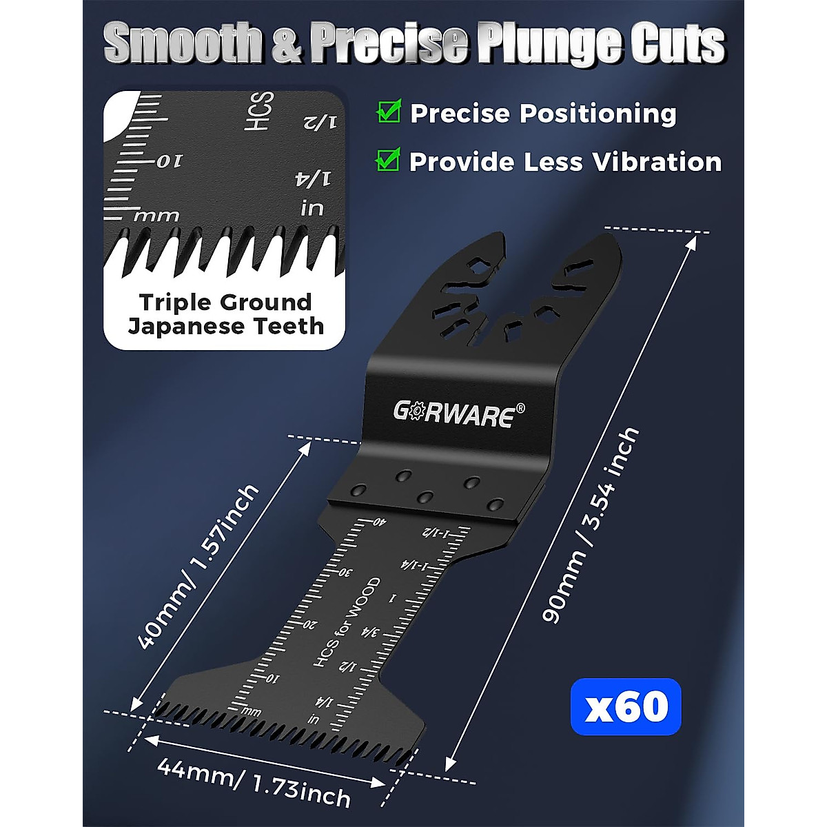 GORWARE Multitool Blades, 60PCS Japanese Tooth Blades for Wood Plastic, Universal Oscillating Tool Blades Fit Milwauke, Worx, Rockwell, Rigid