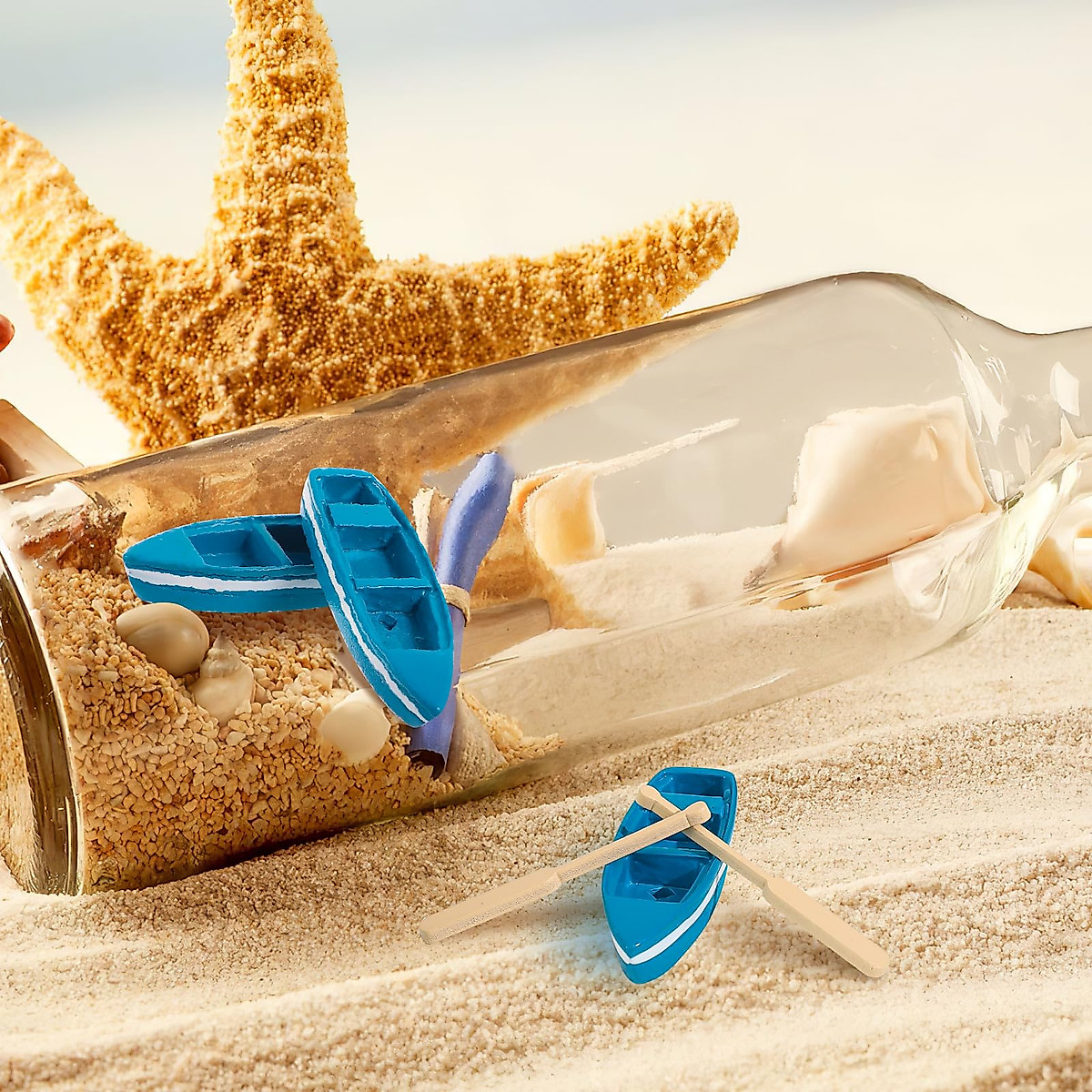 BESPORTBLE 6 Sets Miniature Rowboat Mini Blue Wood Boat with Oars Canoe Model Figurines Fairy Garden Miniatures Nautical Home Decorations (Boat+2 Paddles)