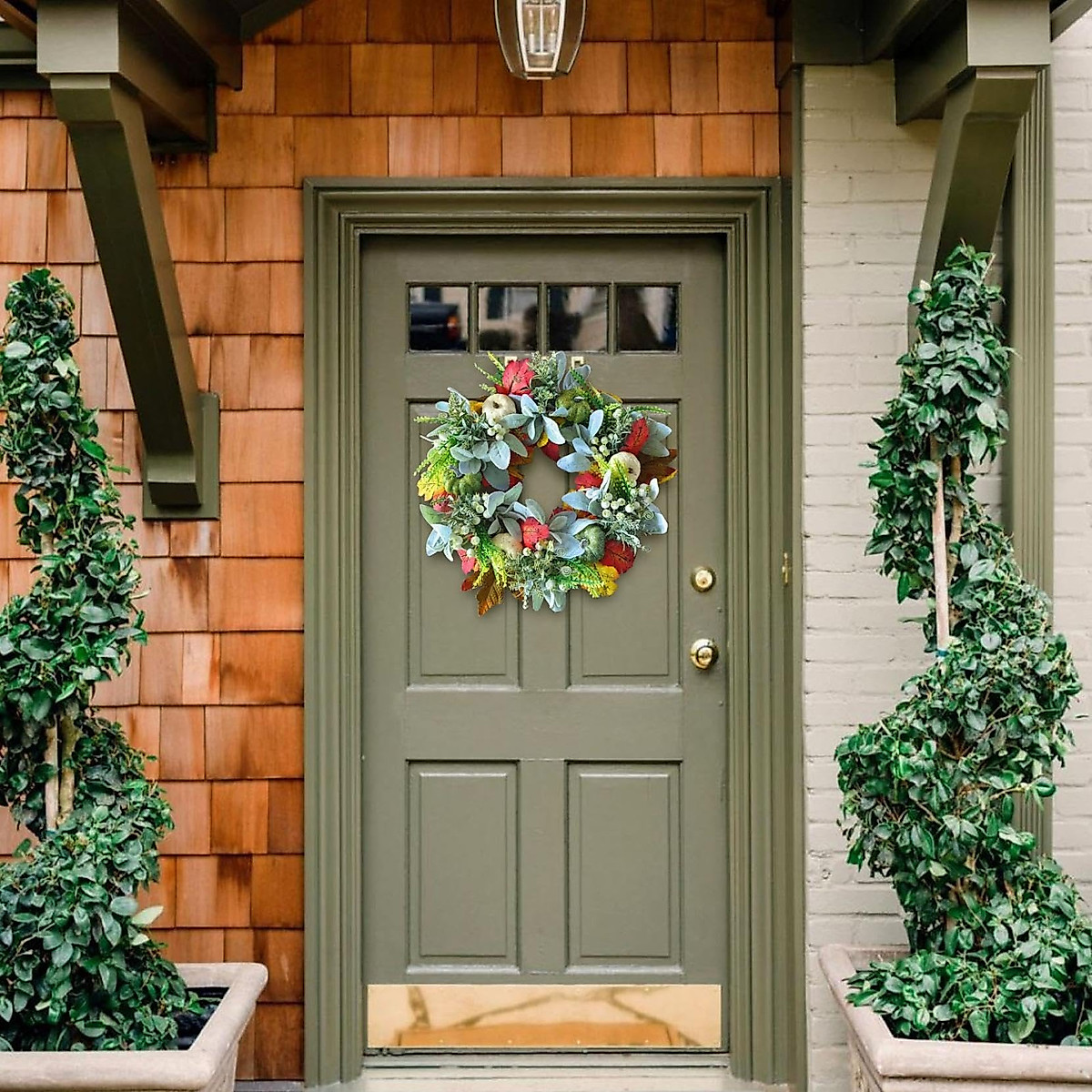 Fall Wreaths for Front Door Harvest Wreath with White Pumpkin Cotton Lamb's Ear Eucalyptus Leaves Farmhouse Autumn Wreath for Thanksgiving Halloween Decoration Indoor Outdoor (Maple-13.77IN)