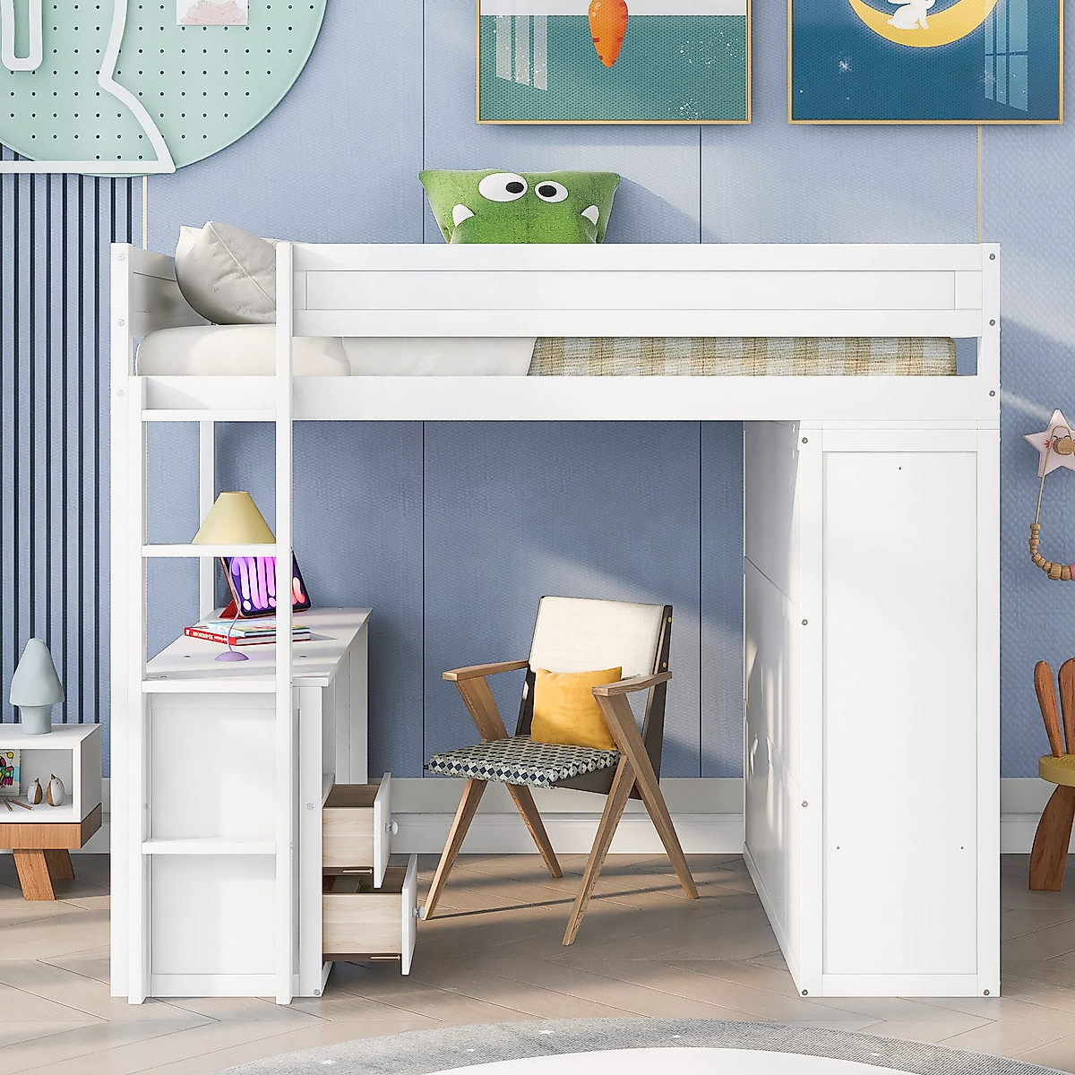 Harper & Bright Designs Full Size Loft Bed with Wardrobes and Desk, Solid Wood Loft Bed Frame with 2 Storage Drawers Cabinet, for Kids Teens Adults (White)