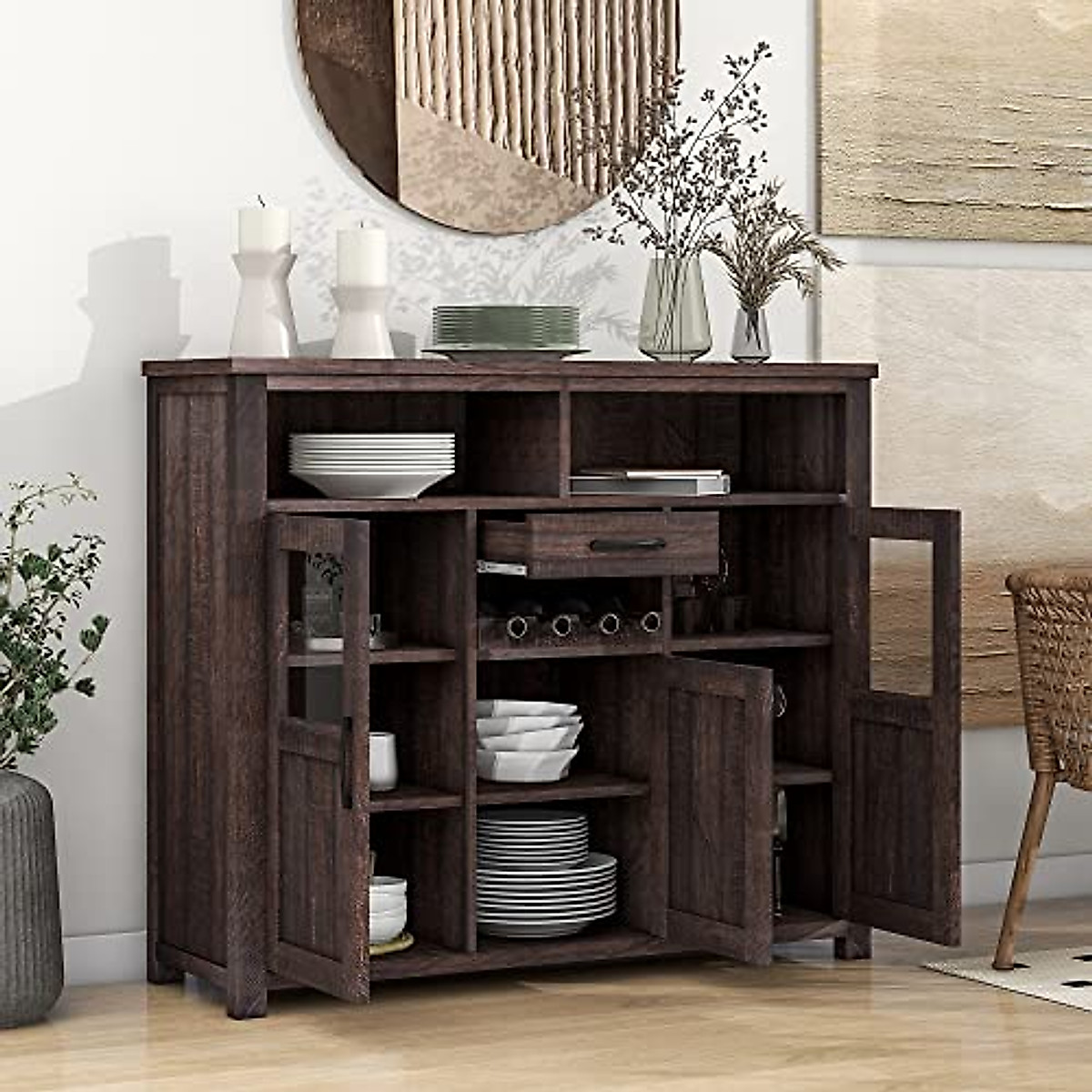 Goohome 47.20" Wine Rack, Retro Style Kitchen Sideboard Cabinet Buffet Table with Storage Drawers & Adjustable Shelves, for Living Room Entryway, Espresso