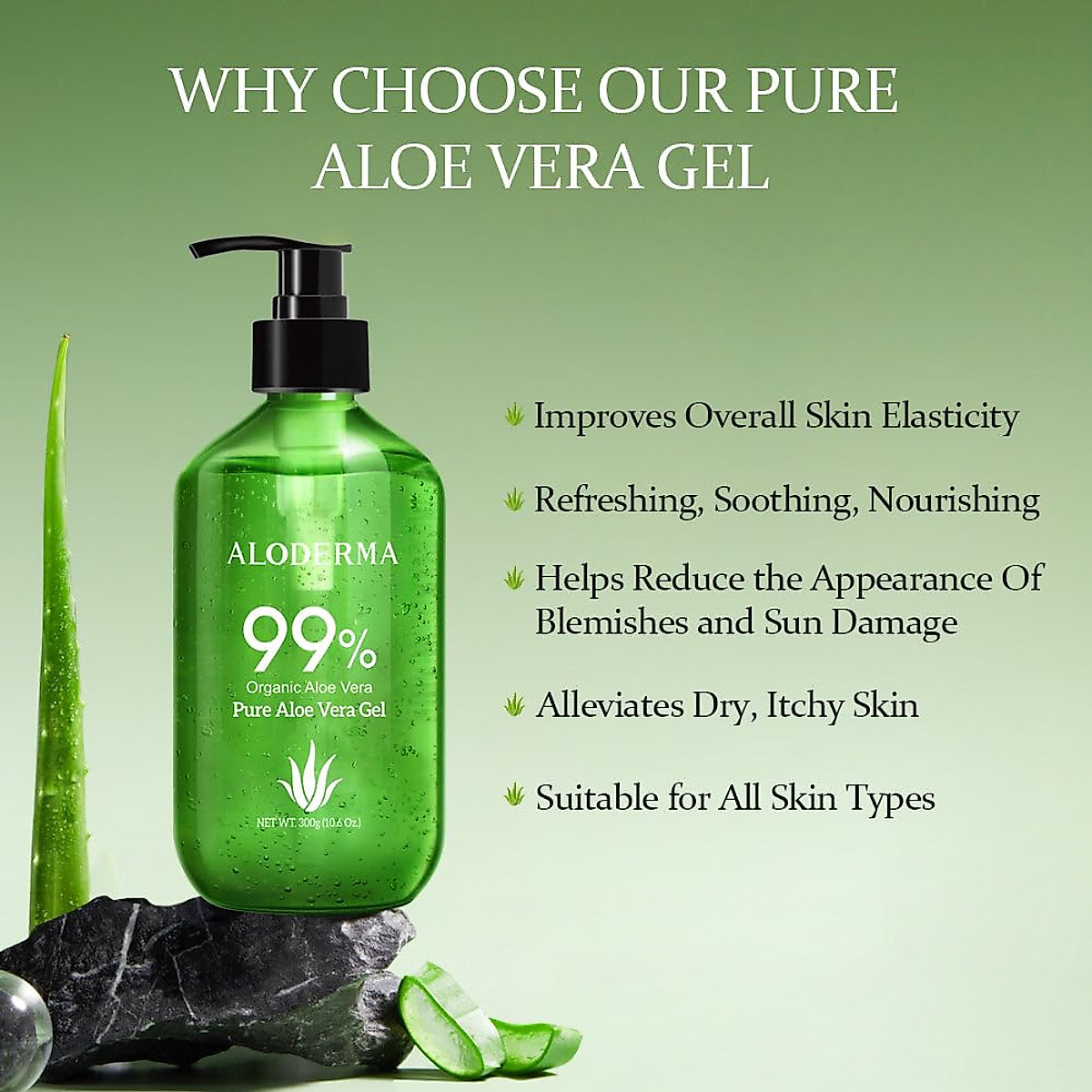 Aloderma 99% Organic Aloe Vera Gel Made within 12 Hours of Harvest - Lightweight, Non-Sticky Aloe Gel for Face Body, Hair, & Scalp, After Sun Relief, Natural, Soothing Hydrating Aloe Gel, 10.6oz