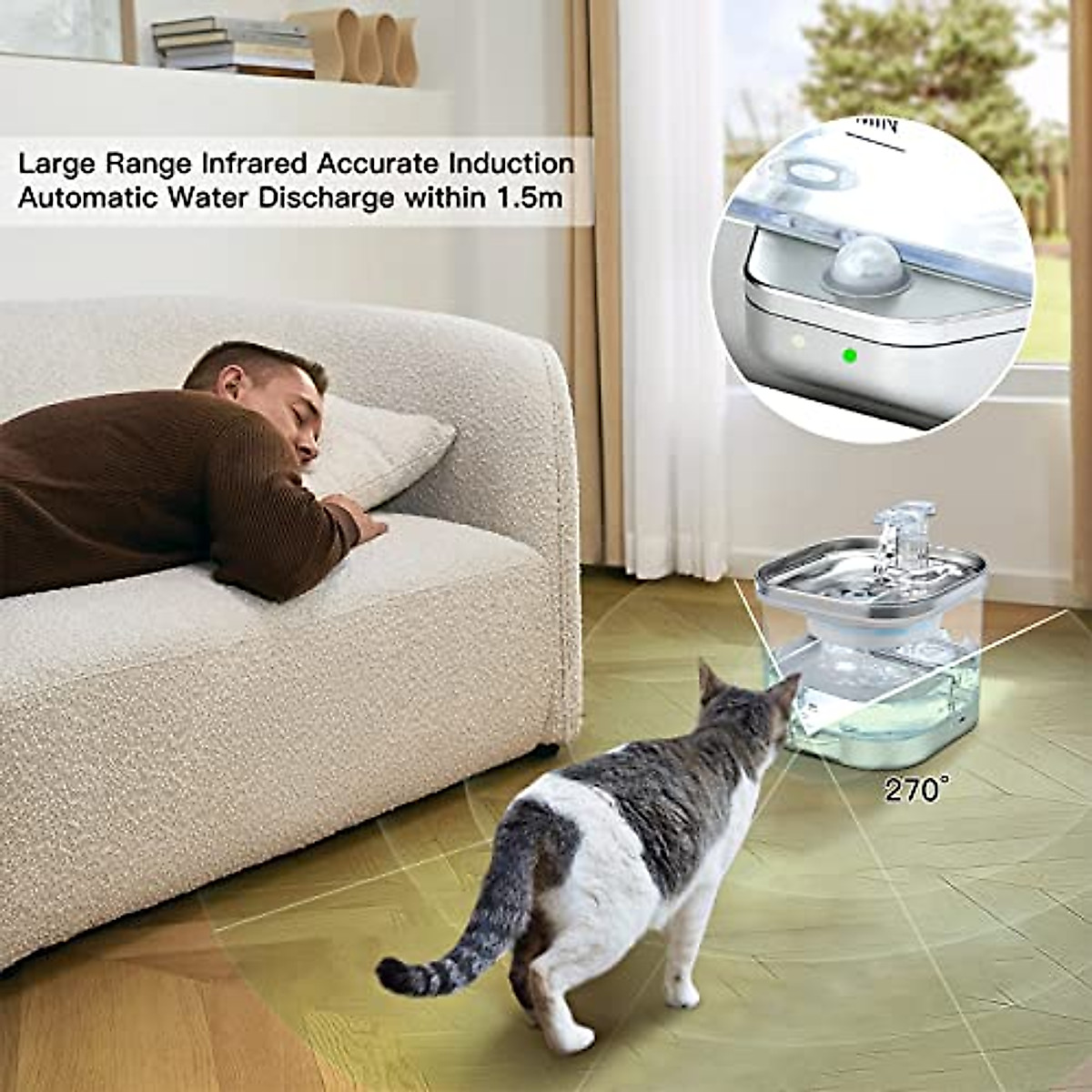 Spofan Cat Water Fountain Battery Operated, 2L/67oz Automatic Infrared Sensing Pets Waterer Fountain for Cats/Dogs Inside with Wireless Pump, Foodgrade 304 Stainless Steel Tray, 3 Filters