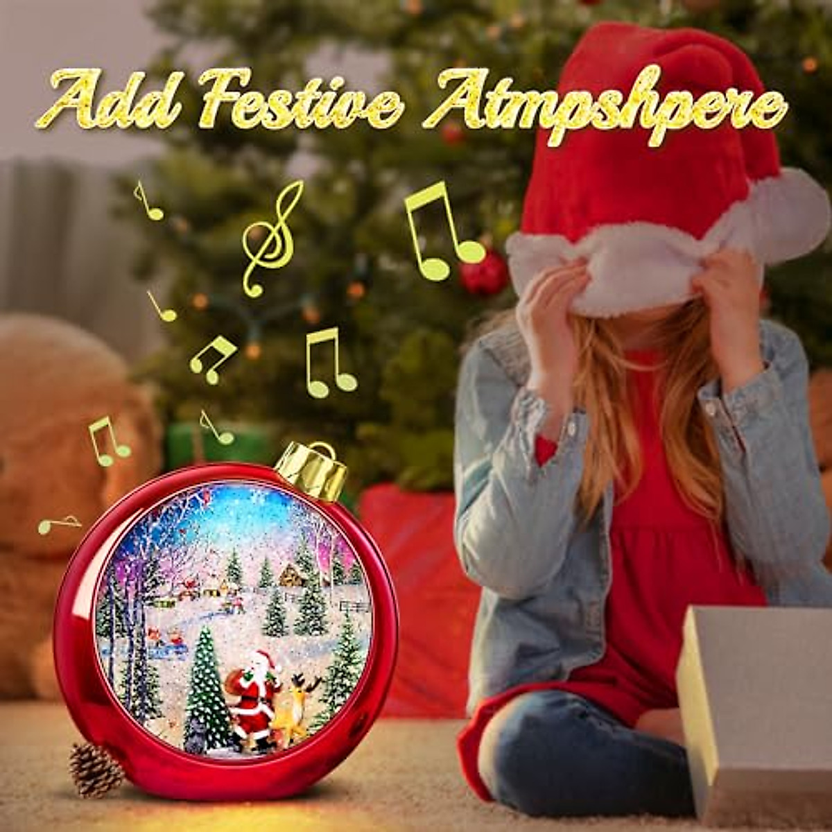 Large Size Christmas Snow Globes Lighted Up,6H Timer Glitter Snow Globes Christmas with Music Box 8 Songs, Red Round Lantern with Xmas Tree