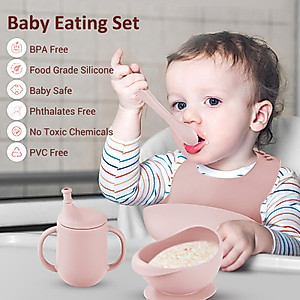 Baby Led Weaning Supplies, FOTEEMO 11-Piece Silicone Baby Feeding Set Self Feeding Baby Utensils First Food Set For 6+ Months Toddler Baby Plates with Suction (Pink)