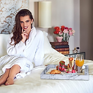 YAMILAN-17 x12 Serving Tray with Gold Polished Metal Handles,Decorative Tray for Coffee Table,Ottoman Tray for Living Room,Modern Elegant Rectangle Leather Trays for All Occasions/White Marble