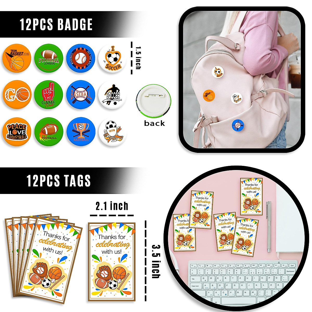 122 PCS Sports Party Favors Basketball Baseball Football Soccer Party Gift Thank You Tags Goodie Bags for Sports Club Party Favors Kid Birthday Party Baby Shower Sports Theme Party Supplies (Style 01)