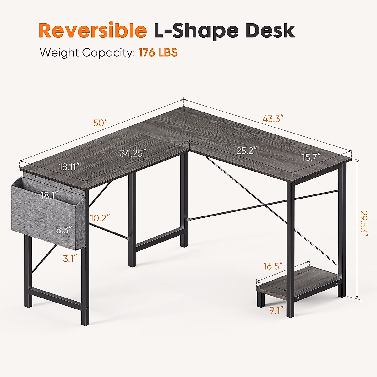 Sweetcrispy L Shaped Gaming Desk, Computer Corner Table PC Gaming with CPU Stand Side Bag for Home Office Dorm Sturdy Writing Workstation, Grey, 50 Inch