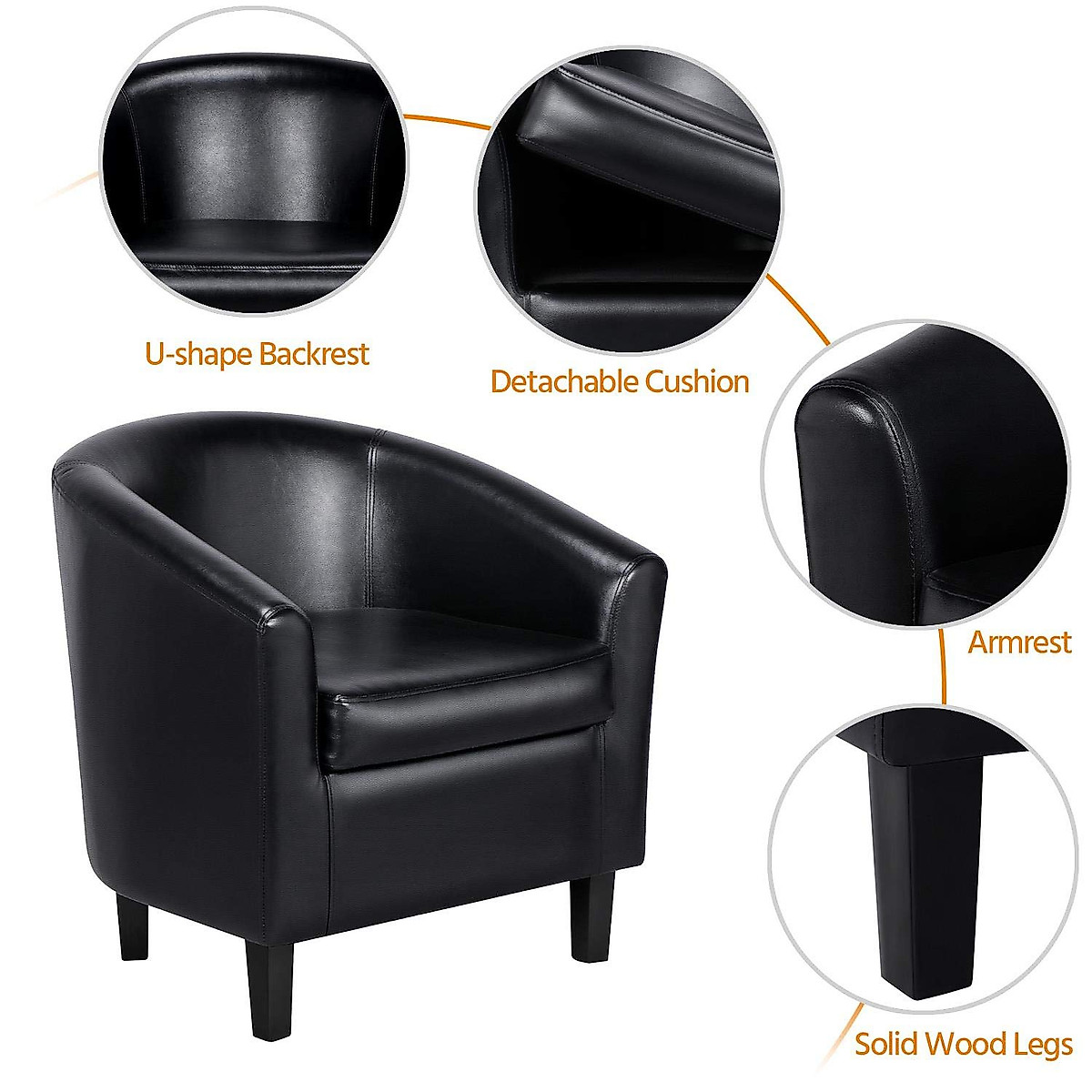 Topeakmart Faux Leather Club Chair, Modern Accent Chair and Cozy Barrel Chair with Sturdy Wood Legs for Living Room Bedroom Reception Room, Black