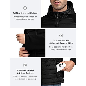 MoFiz Mens Insulated Hiking Jacket Coat Thermal Hybrid Running Jacket Lightweight Puffy Winter Hooded Golf Jackets Long Sleeve Windbreak Sportswear Black Small