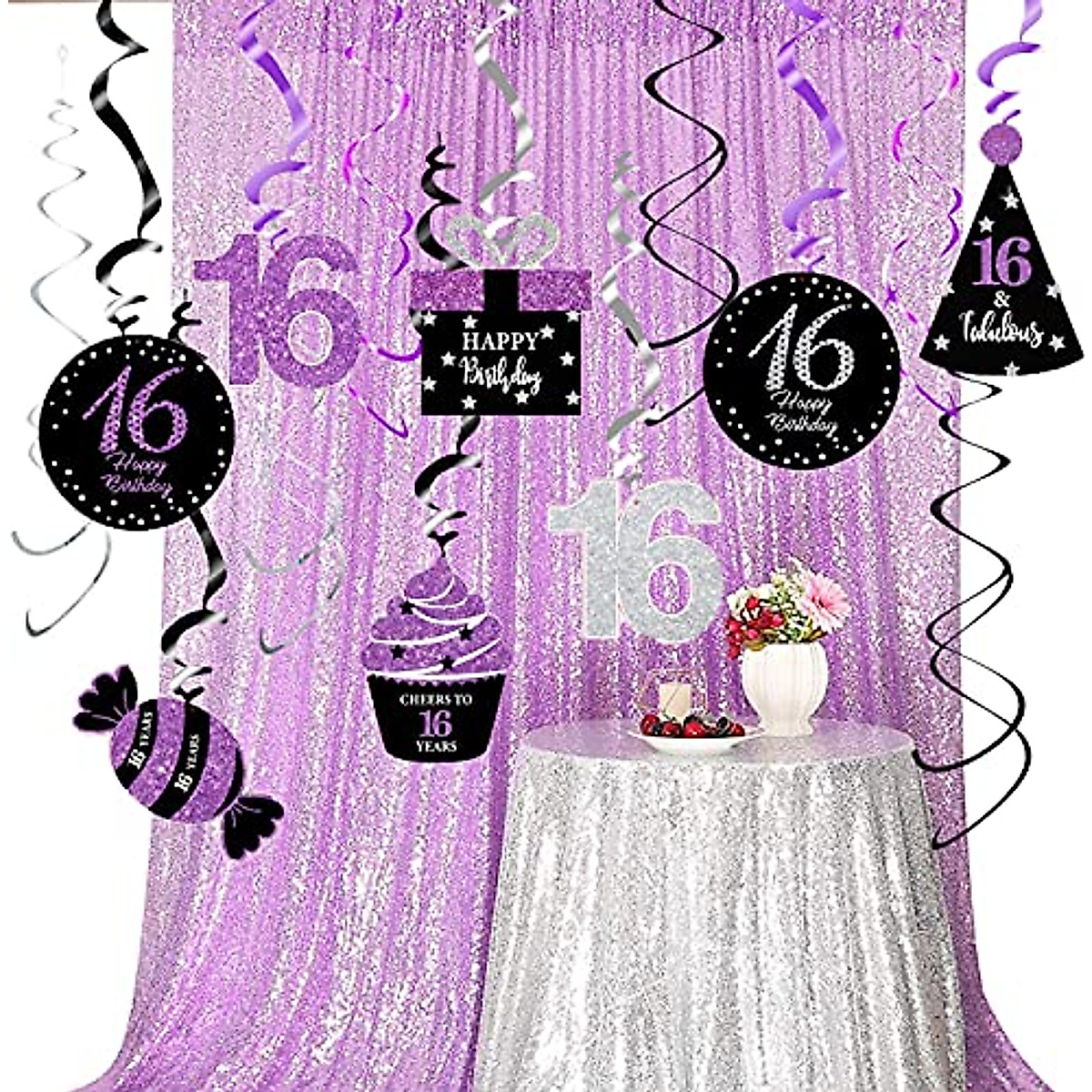 Sweet 16 Birthday Decorations Purple Silver Black for Women/Girl 16th Birthday Party Decoration Purple Silver Black Foil Hanging Swirls Decorations Girl 16th Birthday Party Hanging Decor / Swirls of 15pcs