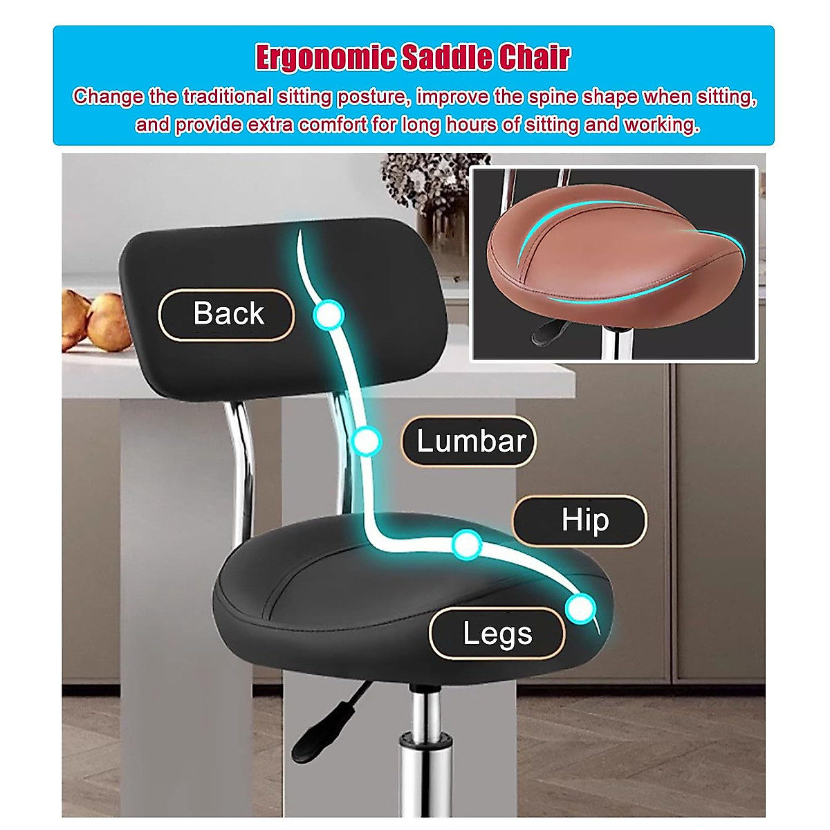 NUNETH Saddle Stool Kitchen Saddle Chair with Footrest Back Support, Ergonomic Office Chair Saddle Salon Chair for Clinical Dentist Clinic, 50-70 Cm (Color : White)