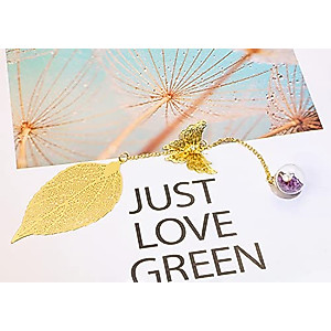 Penta Angel Metal Leaf Bookmark with 3D Butterfly Pendant Birthday Garduation Christmas Appreciation Gift Set for Teachers Students Book Lovers Readers (Gold, Purple White Flower)