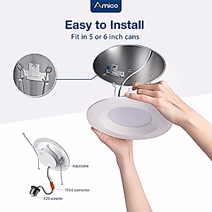 Amico 5/6 inch 5CCT LED Recessed Lighting 12 Pack, Dimmable, Damp Rated, 12.5W=100W, 950LM Can Lights with Baffle Trim, 2700K/3000K/4000K/5000K/6000K Selectable, Retrofit Installation - ETL & FCC
