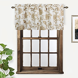 DriftAway Freda Floral Linen Blend Blackout Thermal Insulated Energy Saving Window Linen Curtain Valance Rod Pocket 2 Layers 2 Pack Each 52 Inch by 18 Inch Plus 2 Inch Header Sand