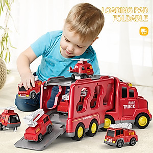 TEMI Fire Toys for 3 4 5 6 Years Old Boys Girls - 5 in 1 Carrier Truck Transport for Toddlers 1-3, Friction Power Vehicles for Kids 3-5, Christmas Birthday Gifts - Age 3-9