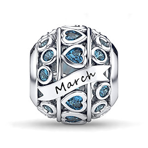 EHEG March Birthstone Charms Love Heart Openwork Bead Charm for Bracelets and Necklaces 925 Sterling Silver with 5A Cubic Zirconia,Jewelry Gifts Women 03